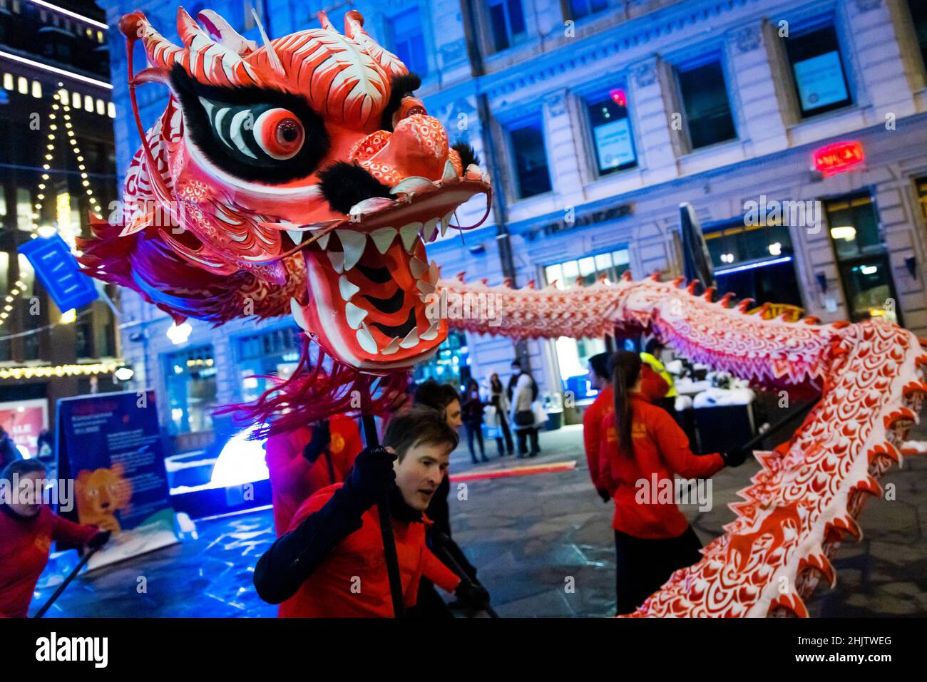 Helsinki, Finland. 31st Jan, 2022. People perform a dragon dance during ...