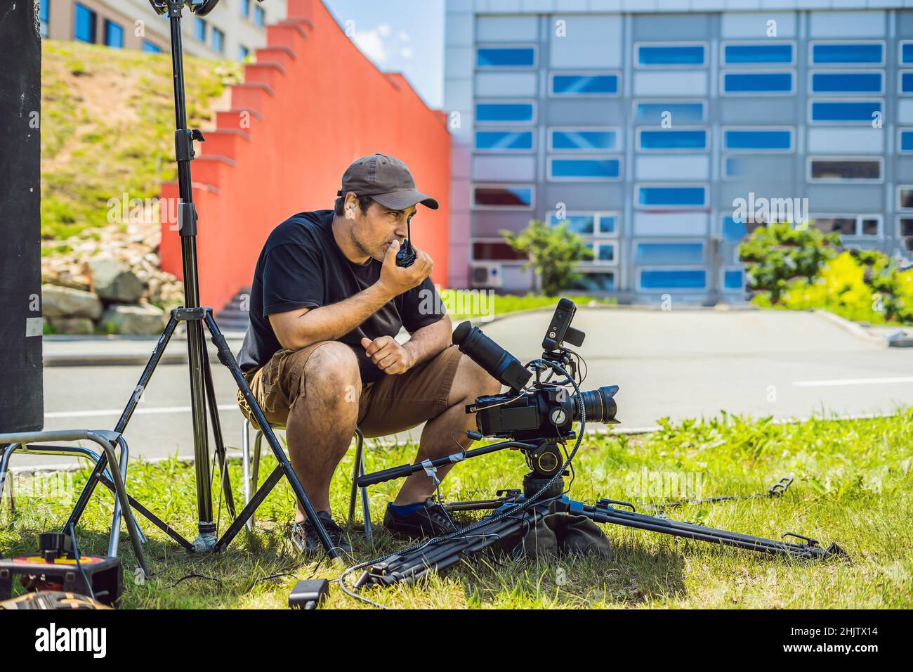 Shooting process on cinema stage - commercial production set, exterior ...