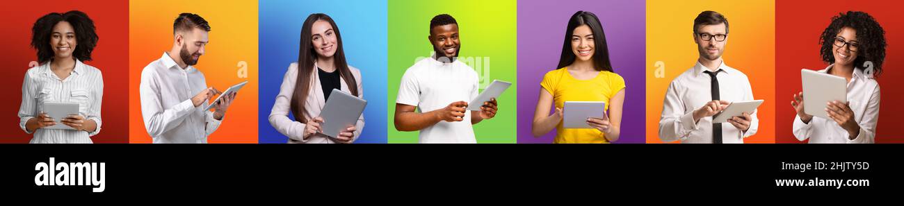 Remote Business. Diverse Multiethnic People Using Digital Tablets Over ...