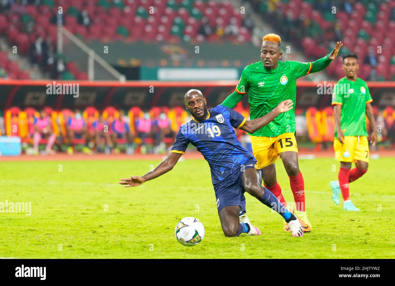 Yaoundé, Cameroon, January, 9, 2022: JÃºlio Tavares of Cape Verde and Aschalew Tamene of ...