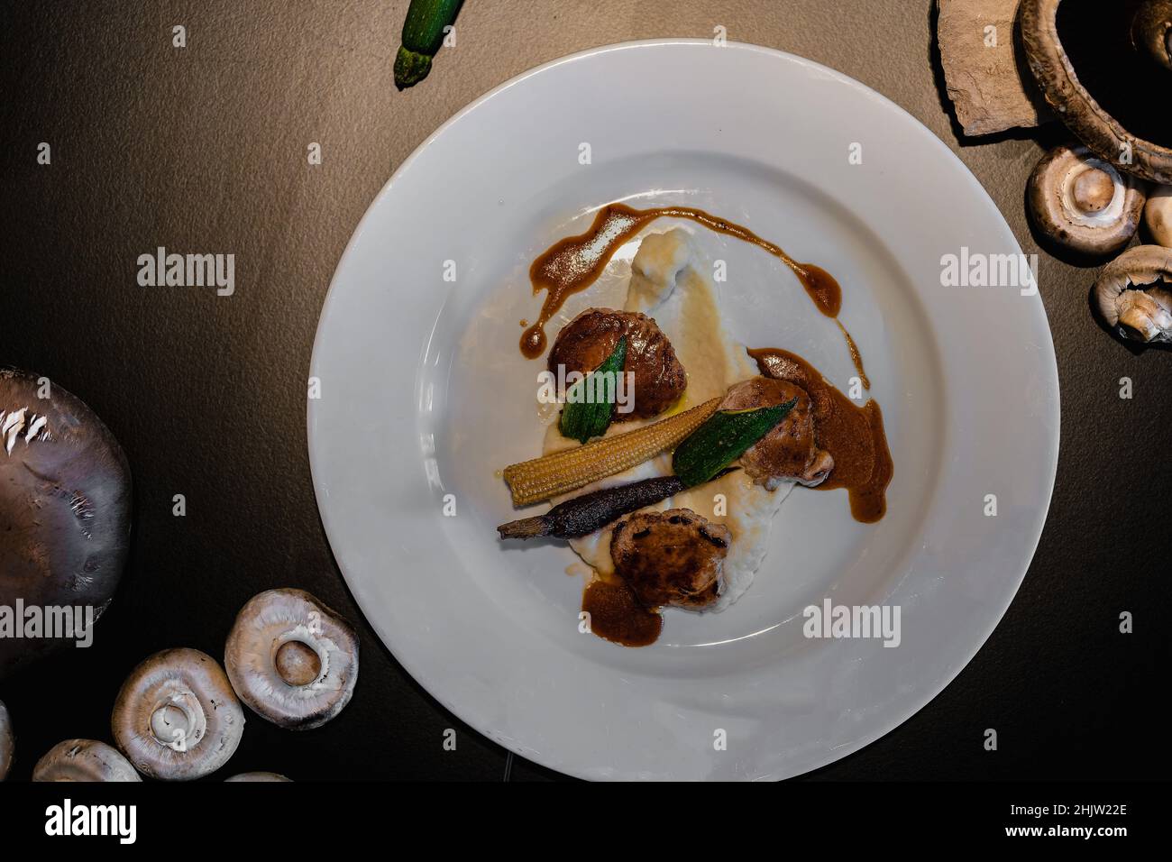 Top view of a gourmet restaurant dish Stock Photo - Alamy