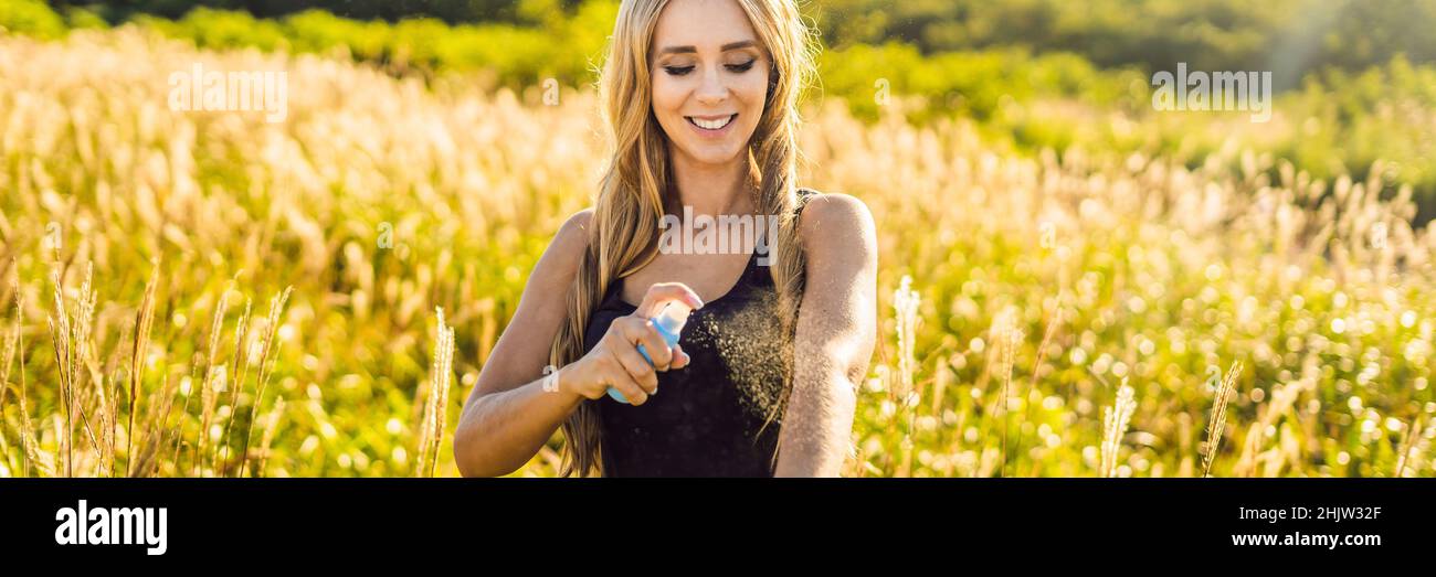 Mosquito repellent. Bug spray anti insects for zika virus. Woman ...