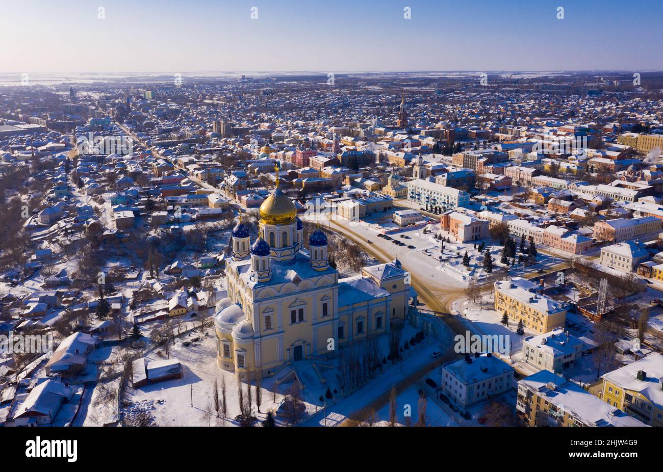 Aerial view of the Ascension Cathedral and residential areas in winter ...