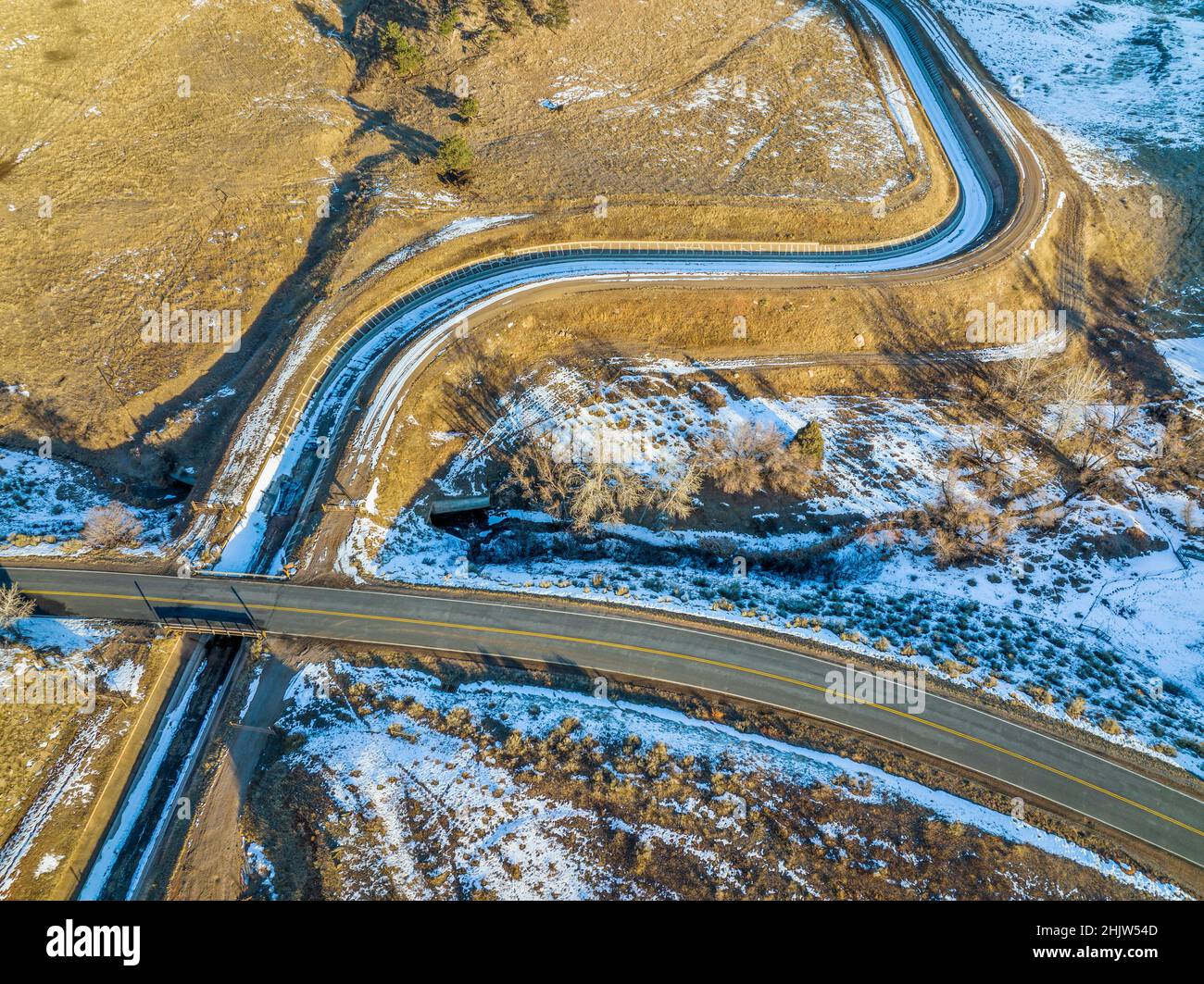 water diversion ditch at Colorado foothills, aerial view of Charles ...