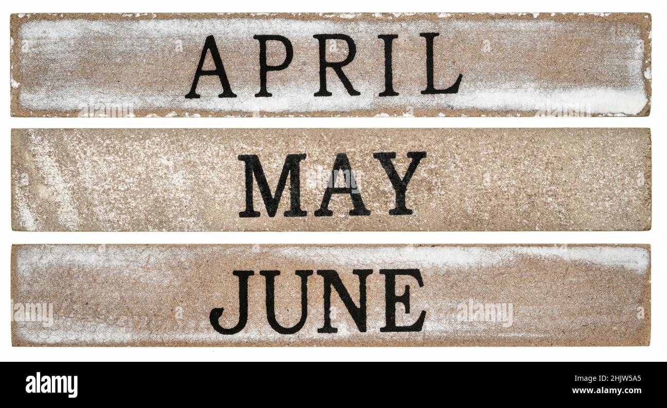 April, May and June months - rough text on grunge wooden blocks ...