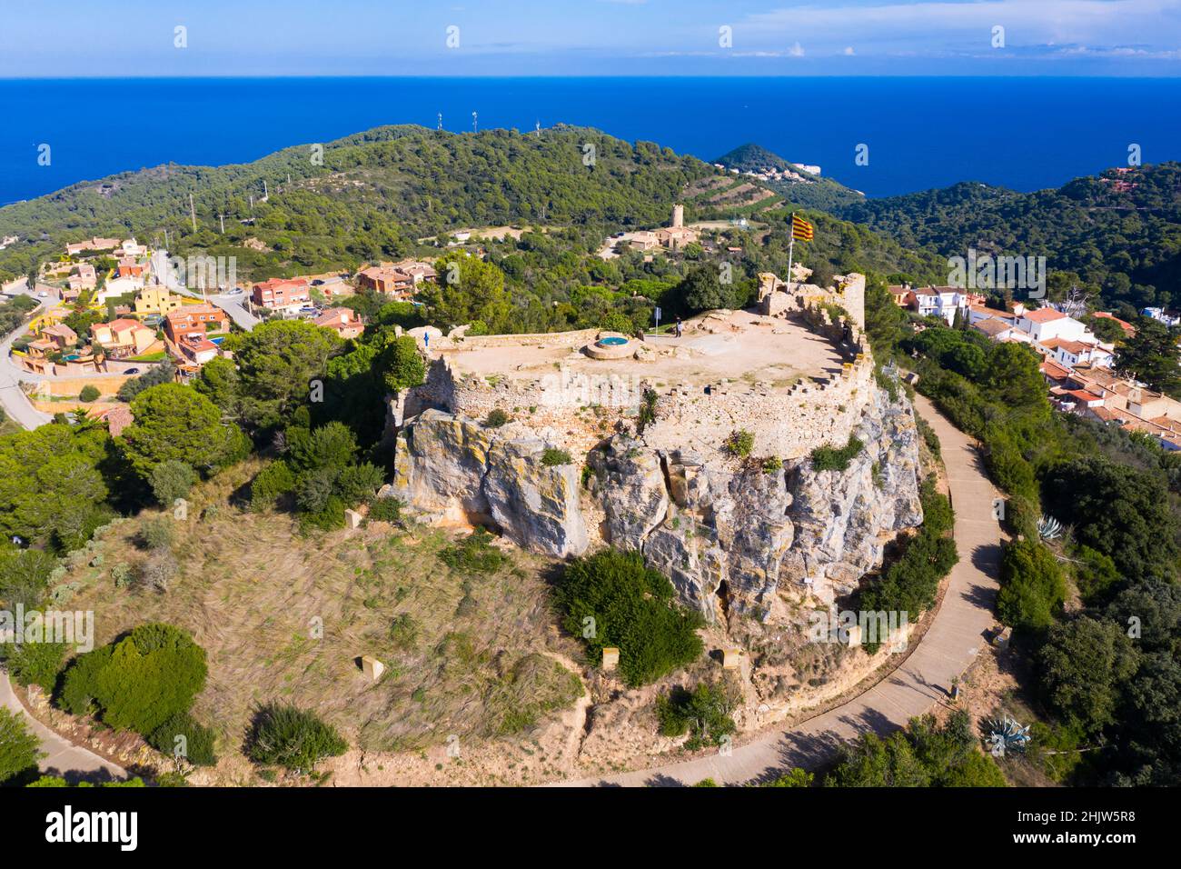 Aerial view of ruins of ancient fortified castle of Begur, Spain Stock ...