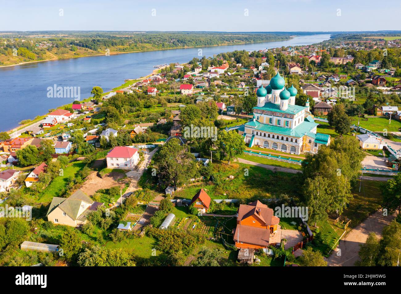 Aerial view of Tutayev on Volga River with Resurrection Cathedral in ...