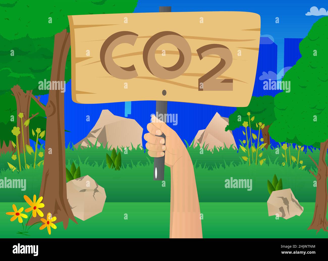 Hand holding up a banner with CO2 text. Showing billboard banner, sign ...