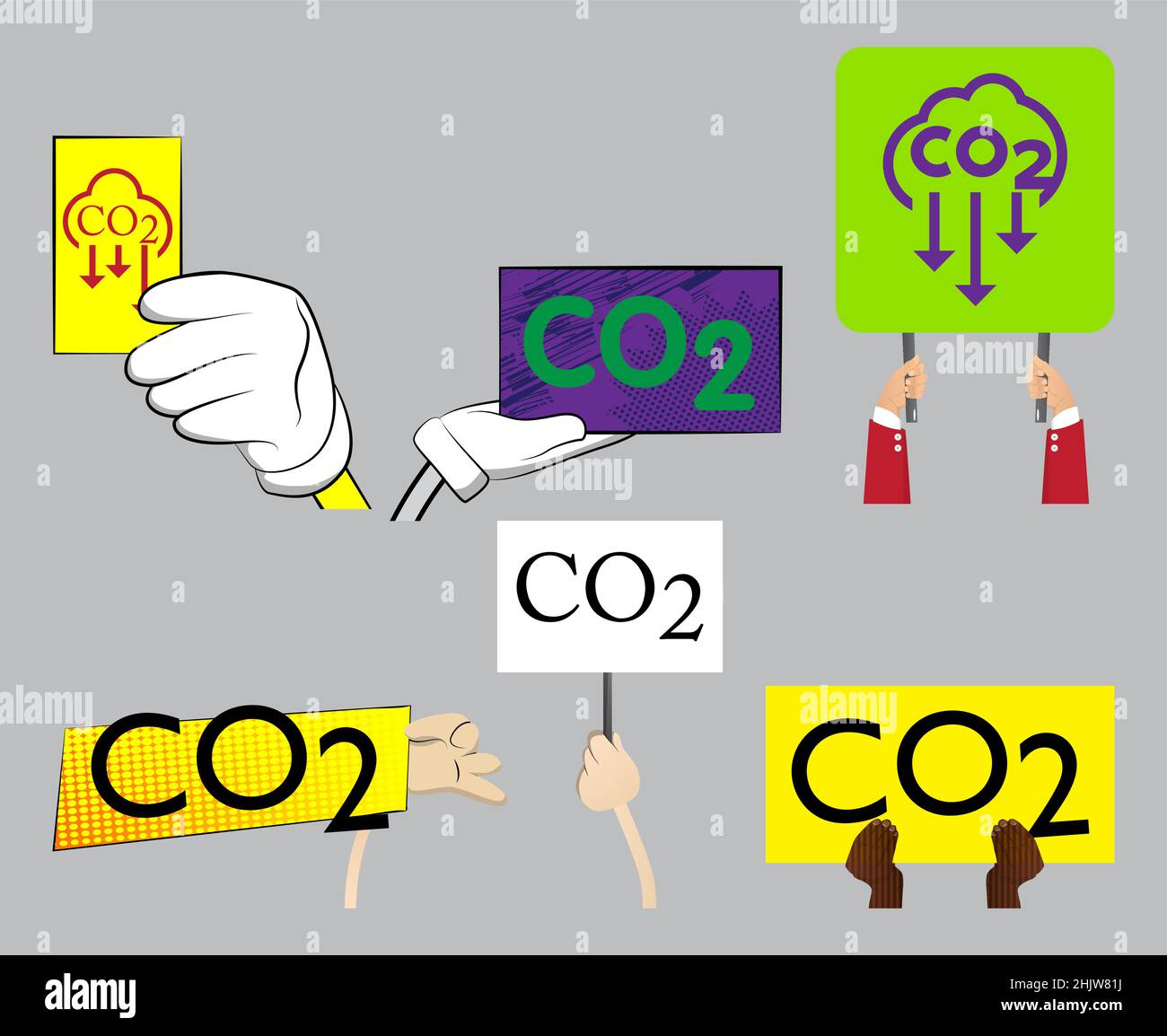 Hand holding up a banner with CO2 text. Showing billboard banner, sign ...