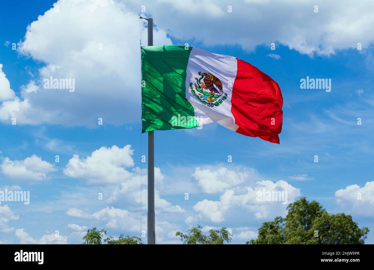 Los Cabos, Mexico, Mexican tricolor national striped flag proudly ...