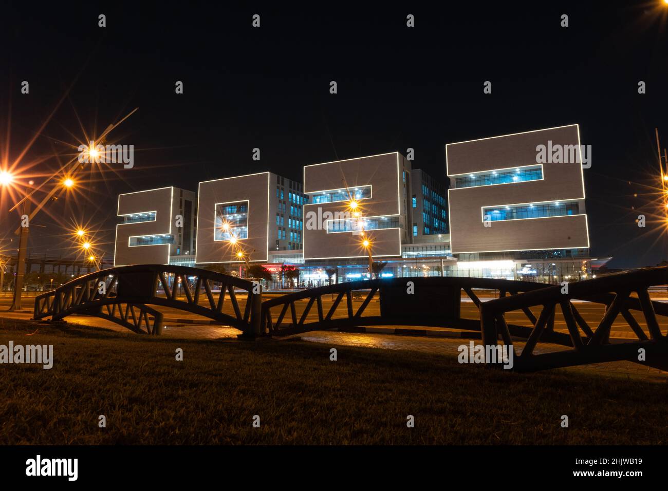 DOHA, QATAR - JANUARY 31, 2022: View of the 2022 building at night ...