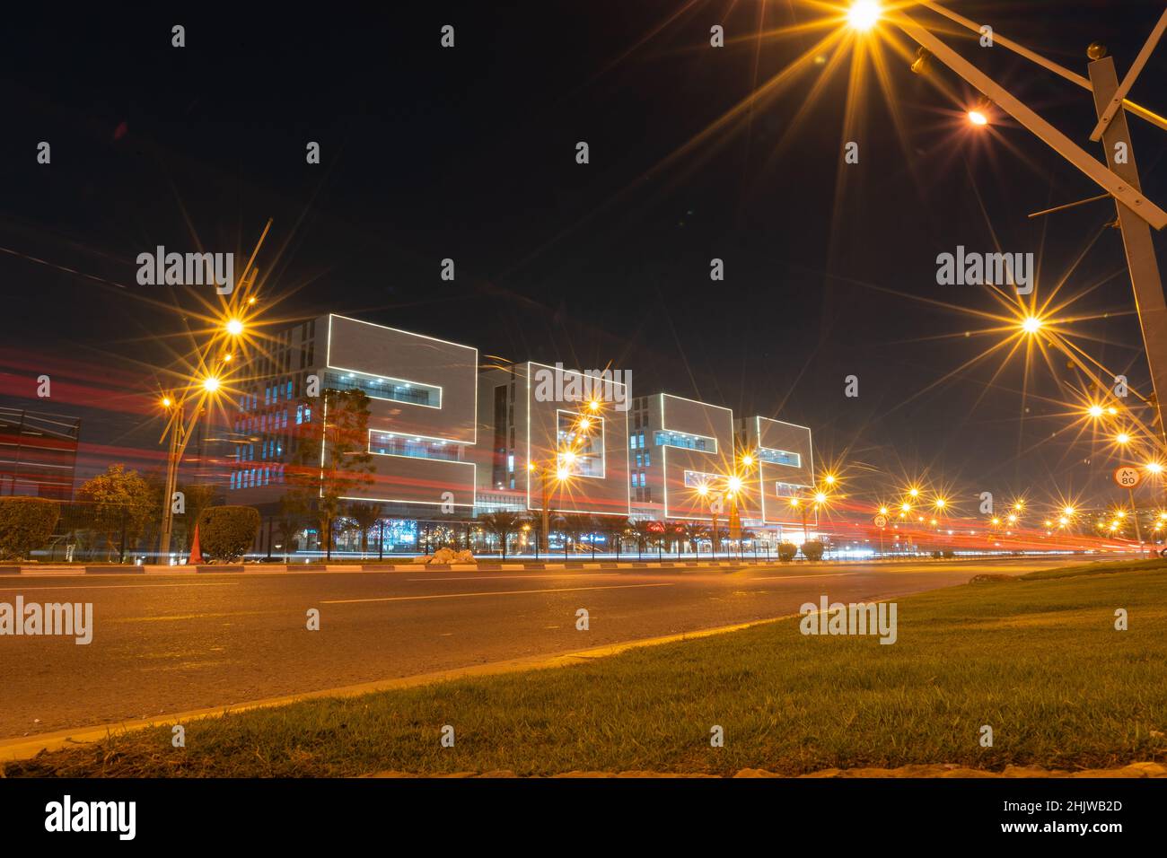 DOHA, QATAR - JANUARY 31, 2022: View of the 2022 building at night ...