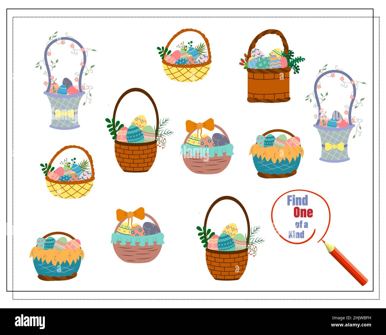 Children's logic game find the one of a kind. Easter egg baskets ...