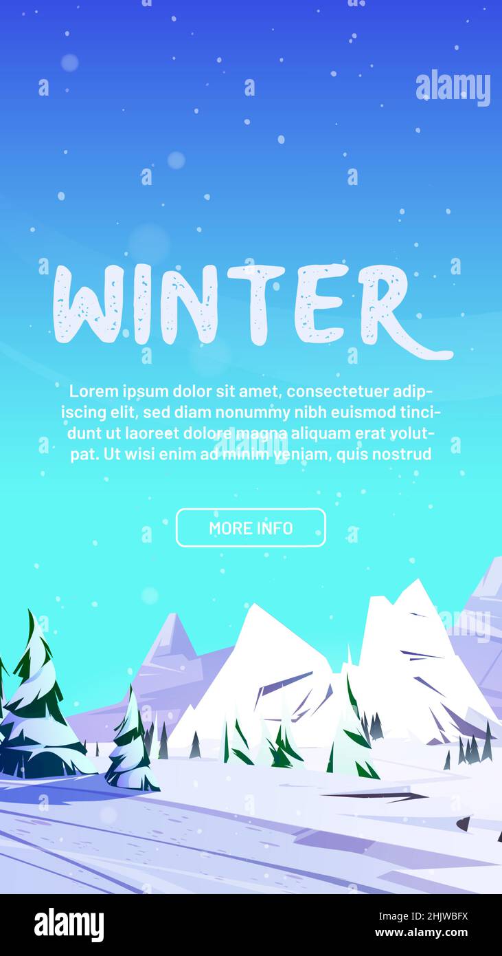 Web banner with winter mountains, northern nature rocky landscape with ...