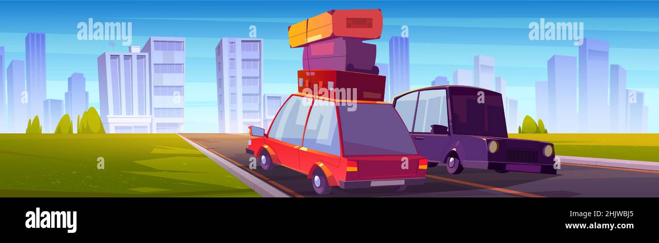 Cityscape with cars on road and buildings on skyline. Vector cartoon ...