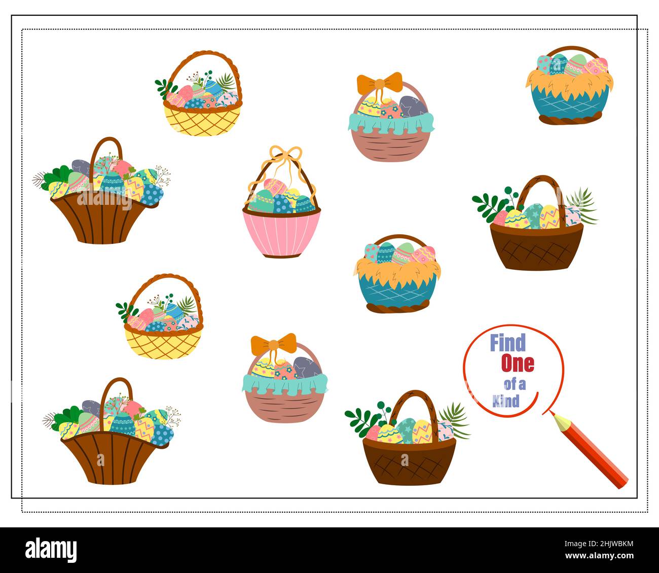Children's logic game find the one of a kind. Easter egg baskets ...