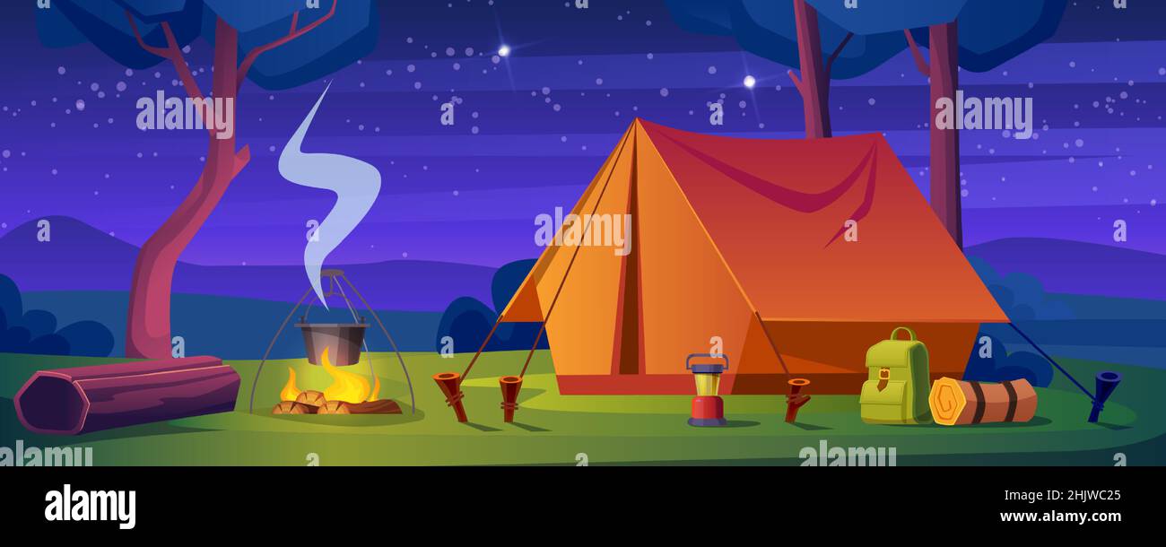 Summer camp in forest with bonfire and tent at night. Vector cartoon ...