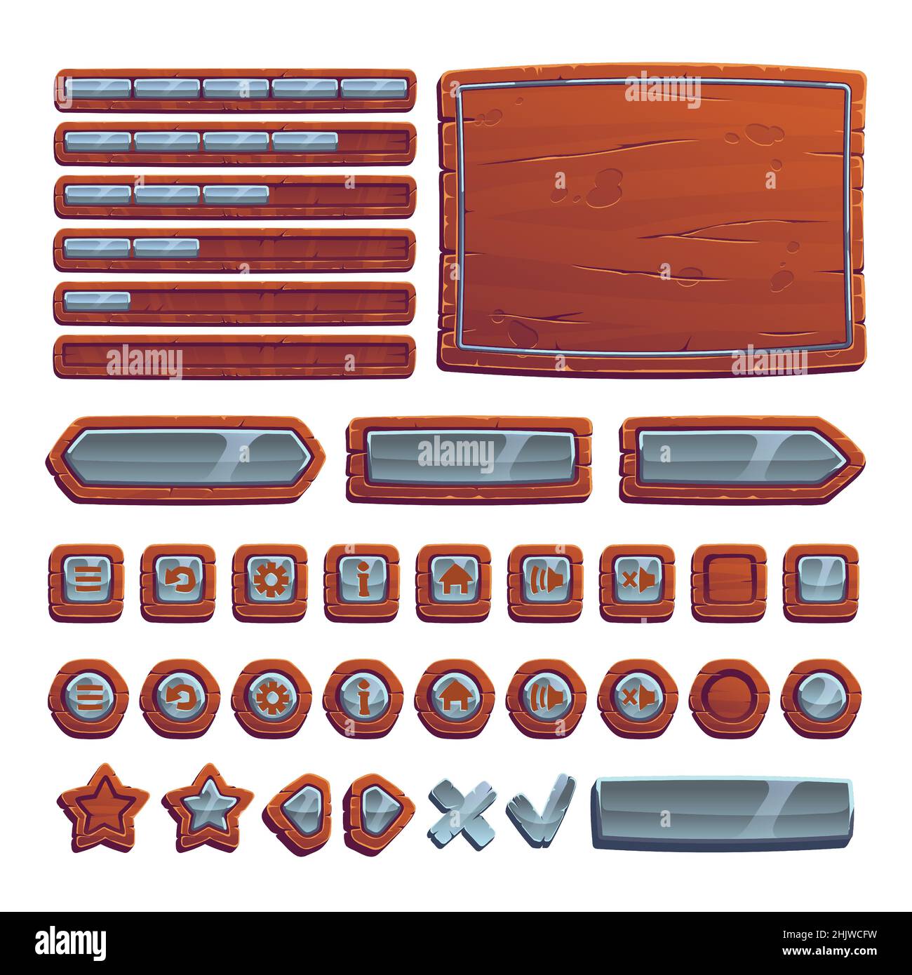 Game buttons of wood and stone, cartoon gamer interface elements, menu ...