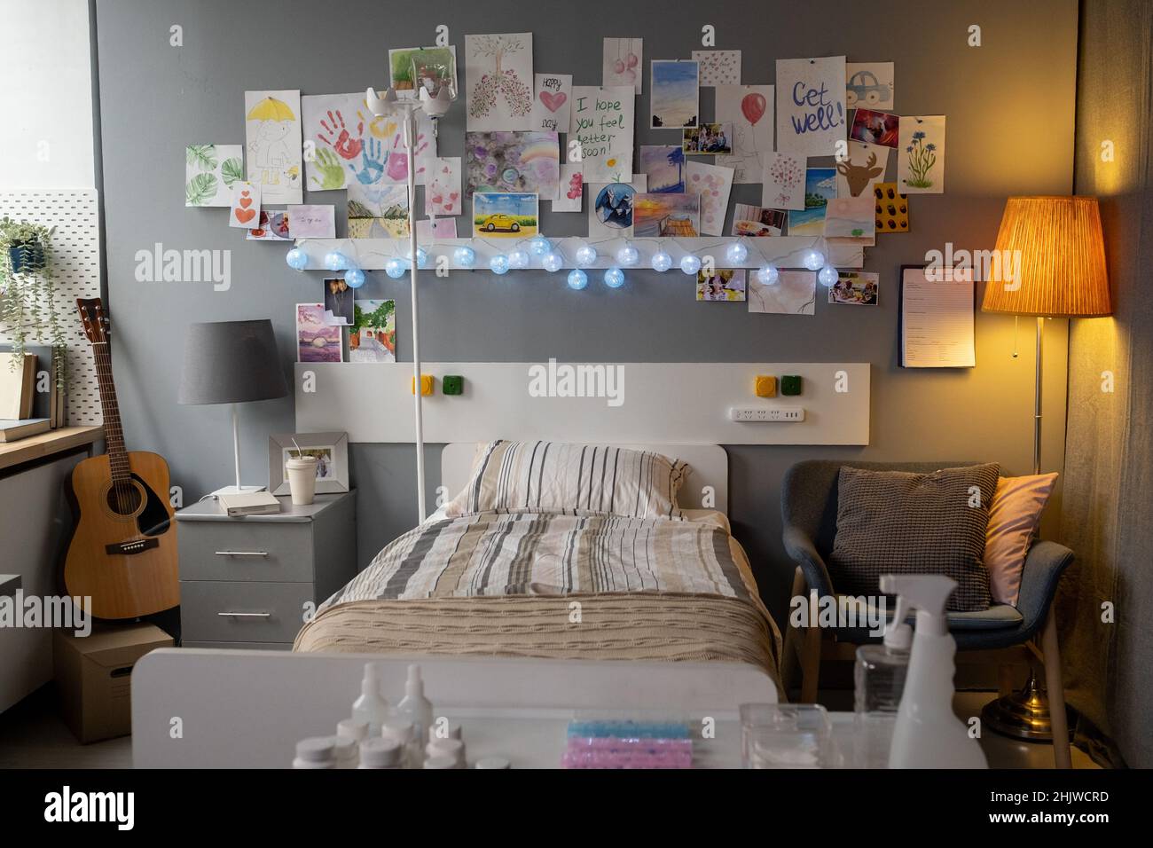 Image of bed of sick patient and drawed pictures on the wall in ...