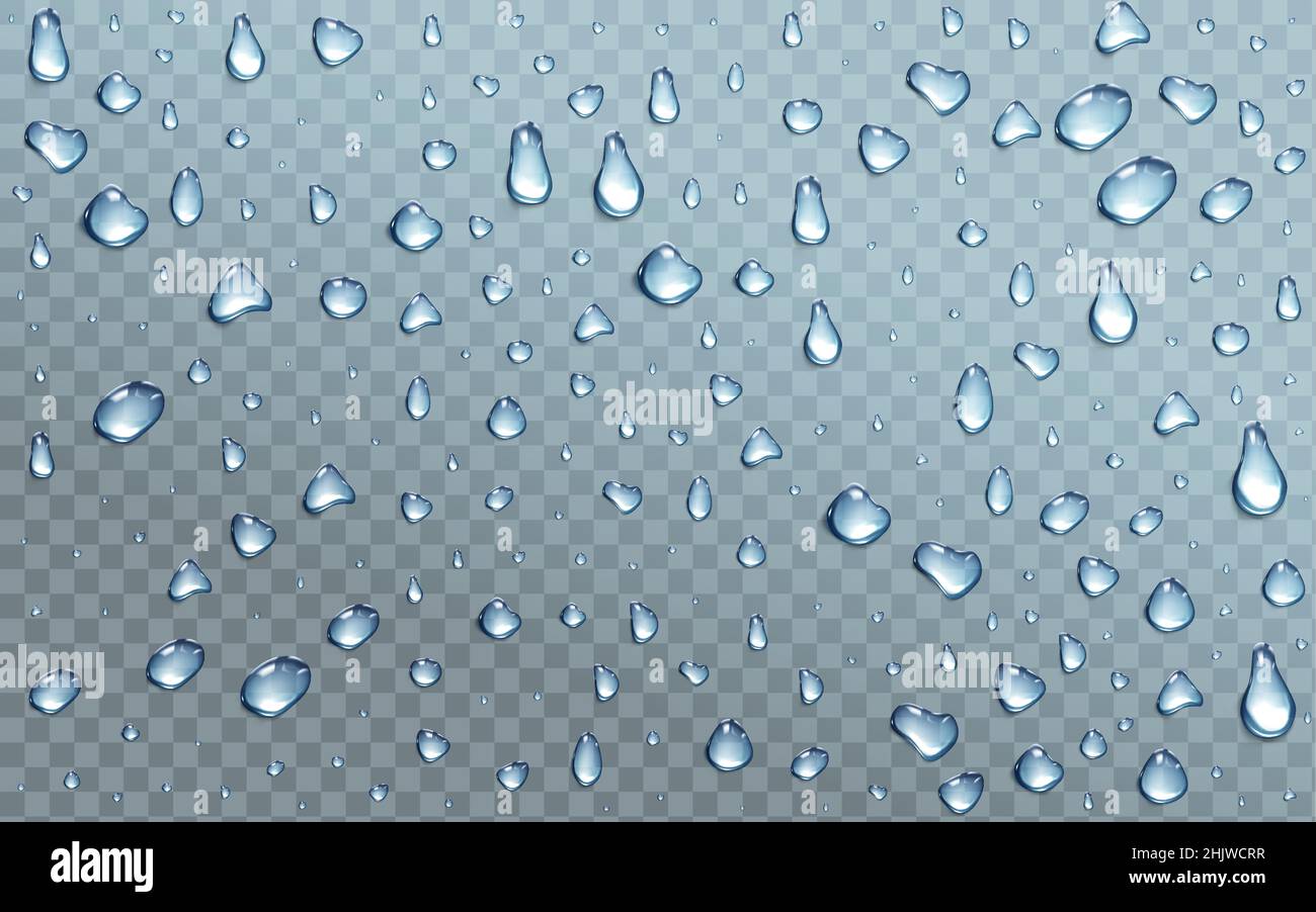 Water drops on transparent background, condensation, rain droplets with light reflection on ...
