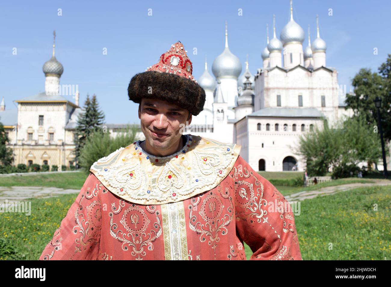 The tourist poses in regal clothes in Rostov kremlin, Russia Stock ...