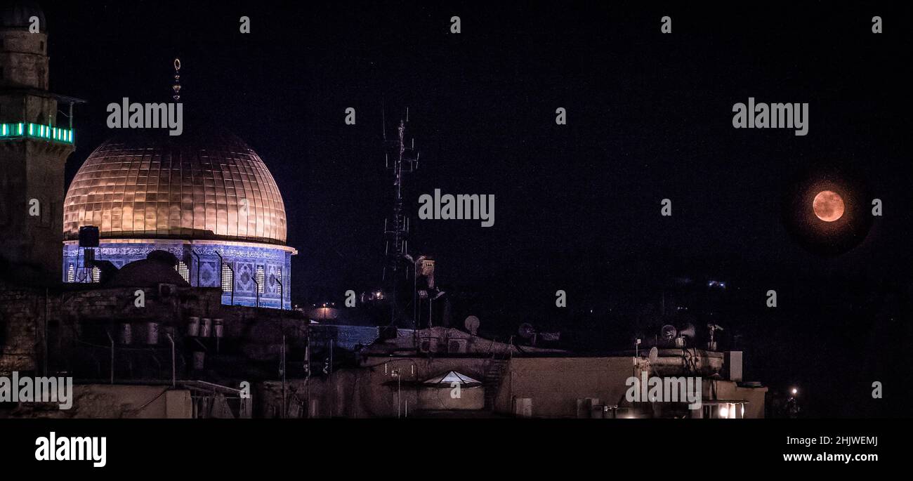 Jerusalem - Red moon rises over the Temple Mount by night Stock Photo ...