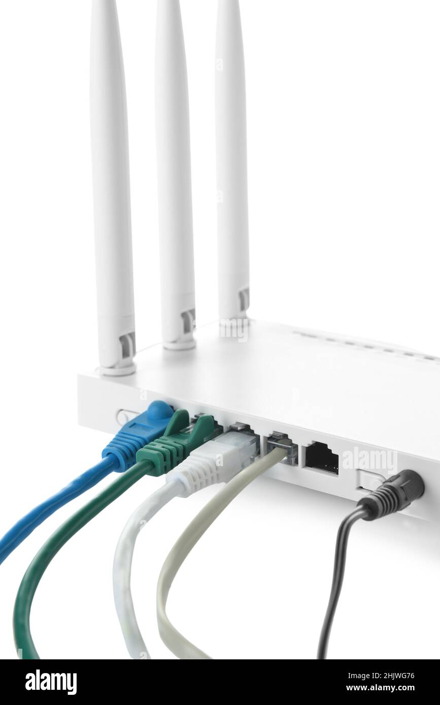 Wi-Fi router with network cables on white background Stock Photo - Alamy