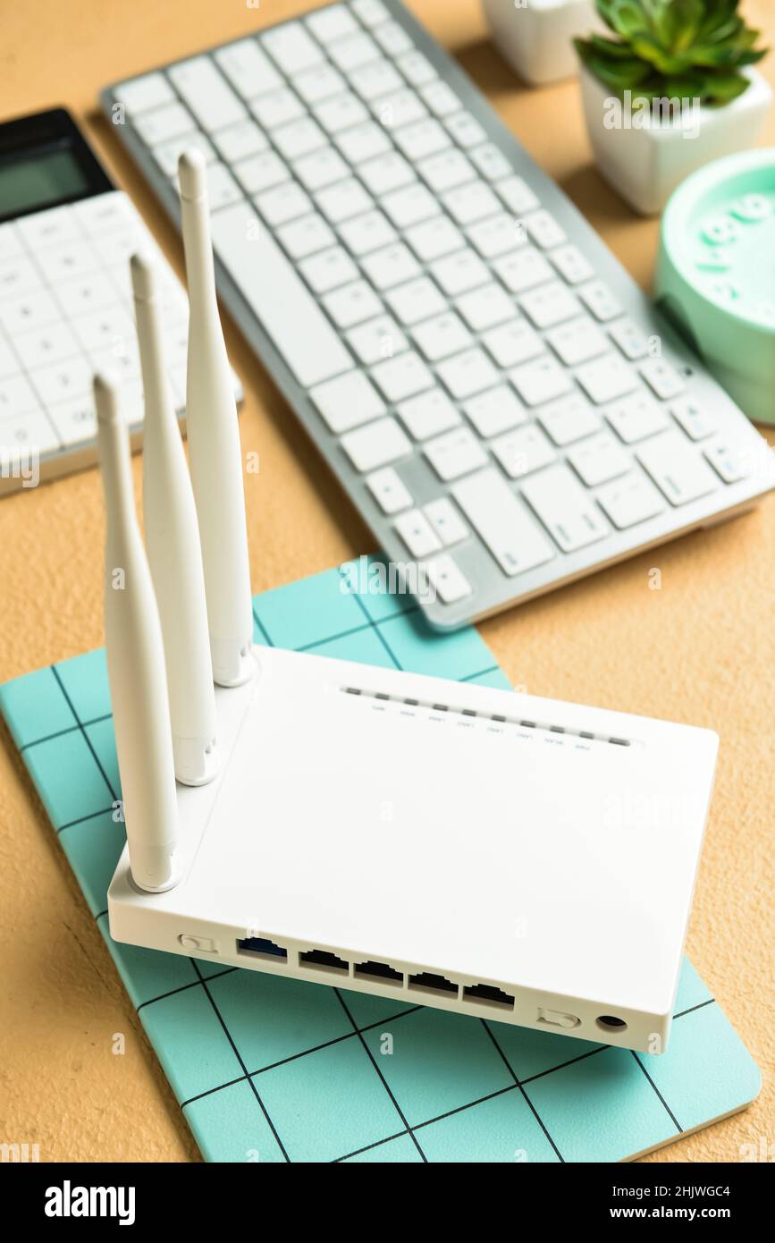 Different gadgets on color background Stock Photo - Alamy