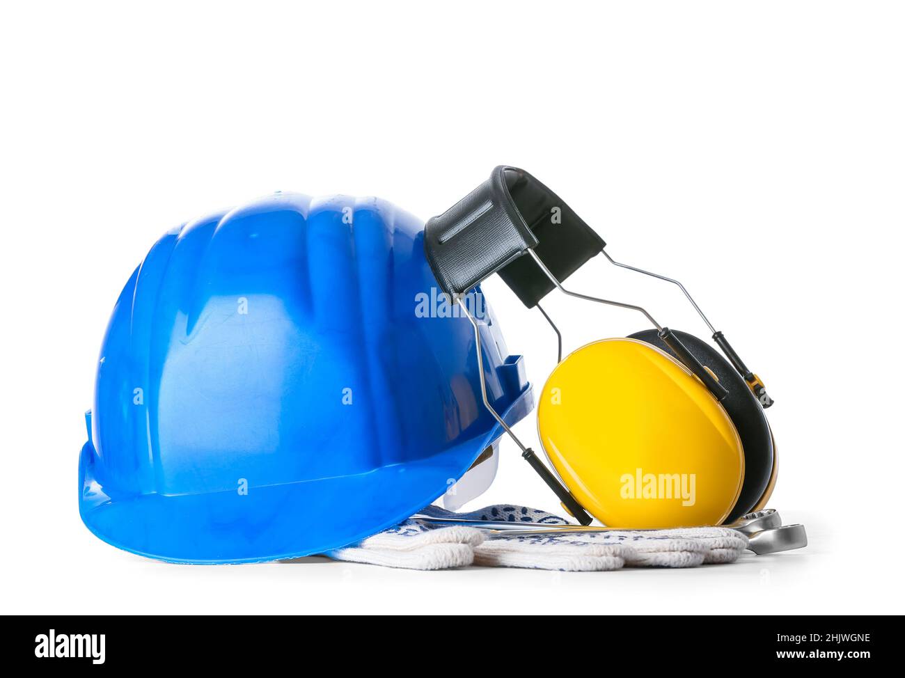 Safety equipment and builder's tools on white background Stock Photo ...