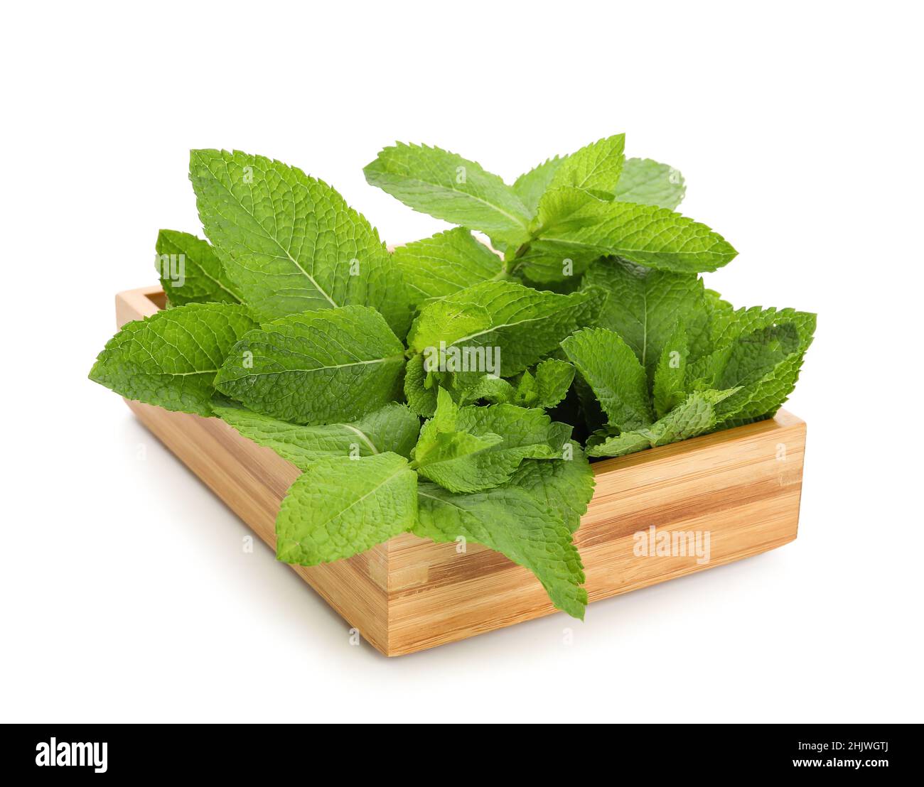 Wooden box with mint on white background Stock Photo - Alamy