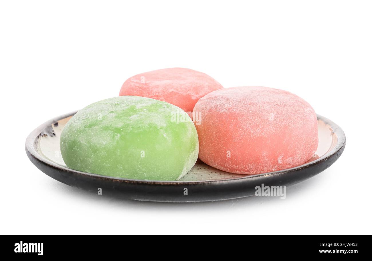 Plate with delicious mochi on white background Stock Photo - Alamy