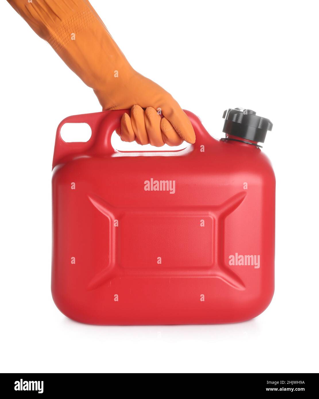 Female hand in rubber gloves holding canister on white background Stock ...