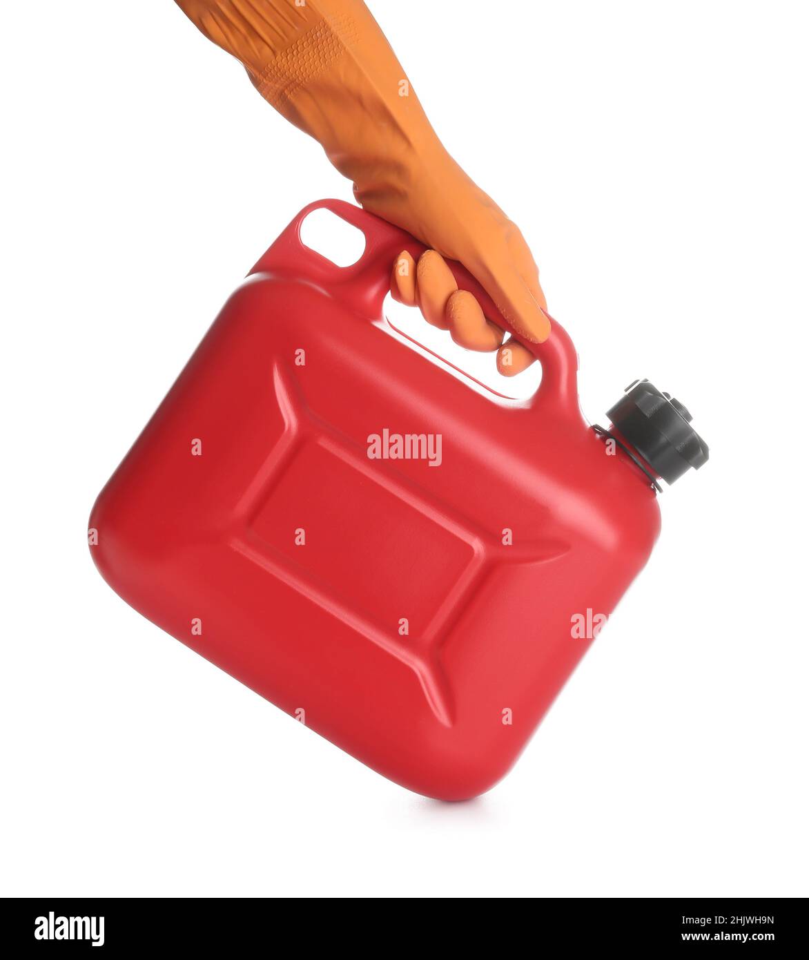 Female hand in rubber gloves holding canister on white background Stock ...
