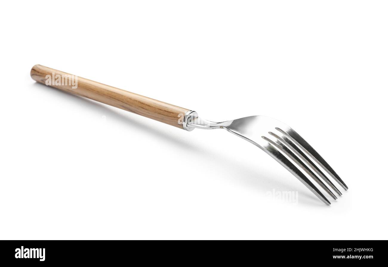 Stainless steel fork with wooden handle on white background Stock Photo ...