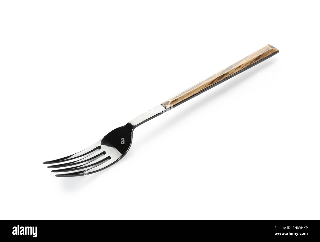 Stainless steel fork with wooden handle on white background Stock Photo ...