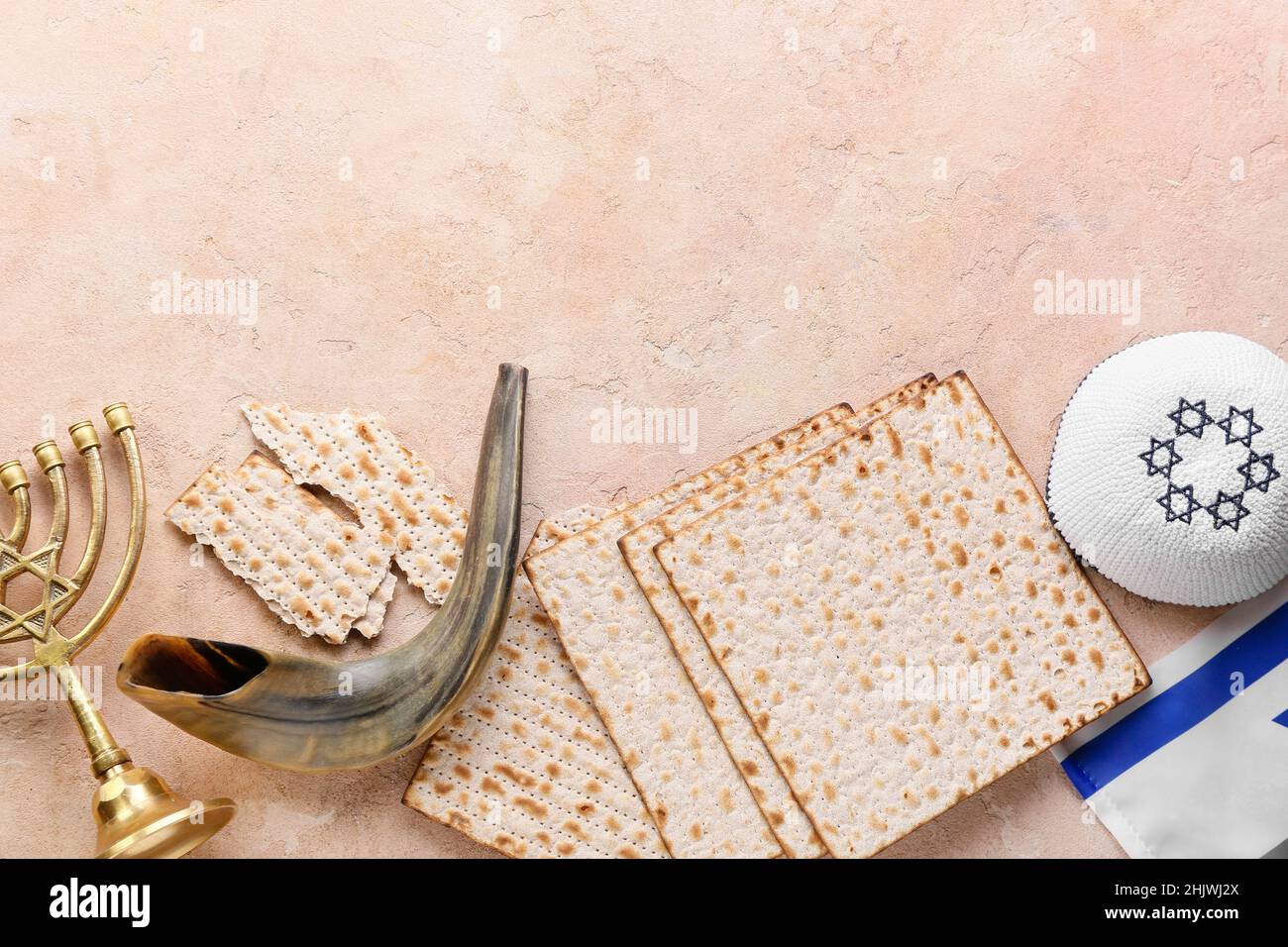 Composition with symbols of Judaism on color background Stock Photo - Alamy