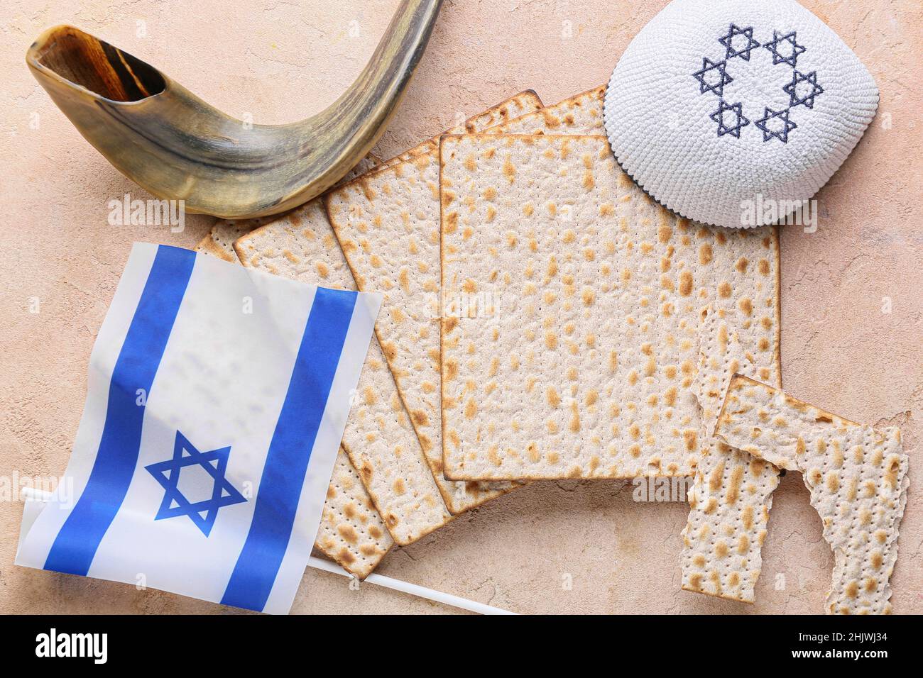 Composition with symbols of Judaism on color background Stock Photo - Alamy