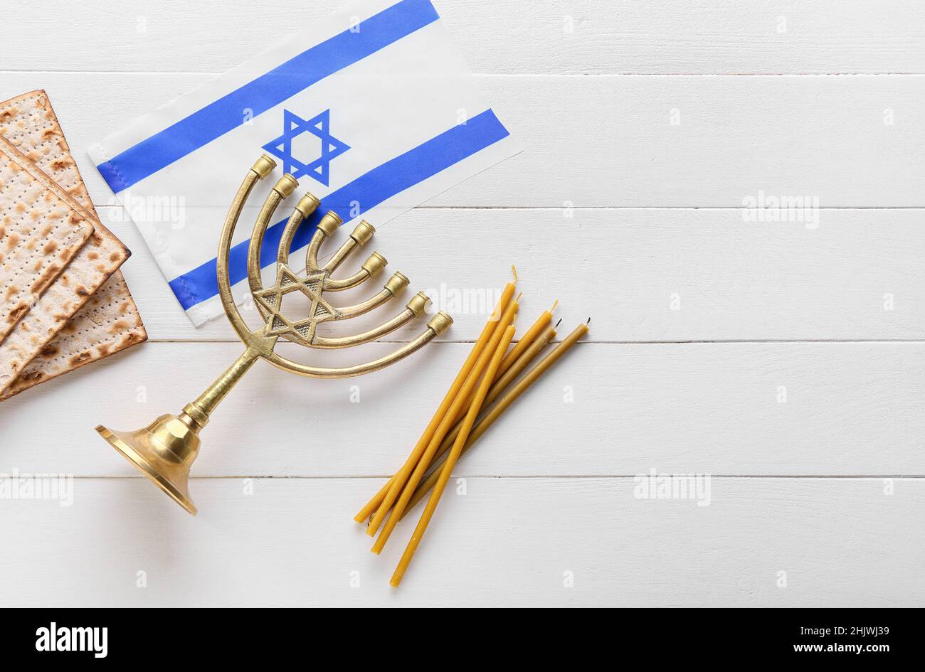 Composition with symbols of Judaism on white wooden background Stock ...