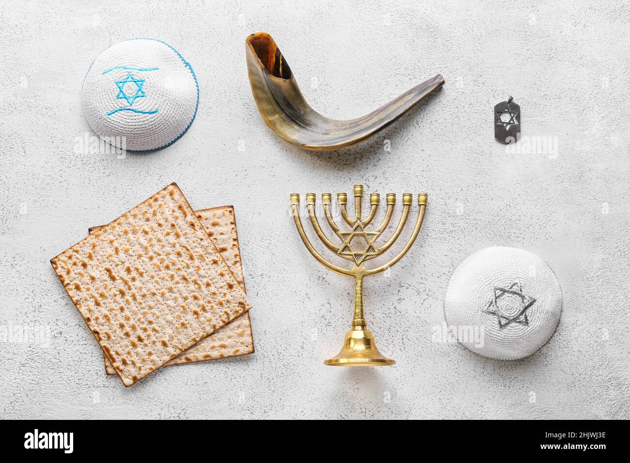 Composition with symbols of Judaism on light background Stock Photo - Alamy