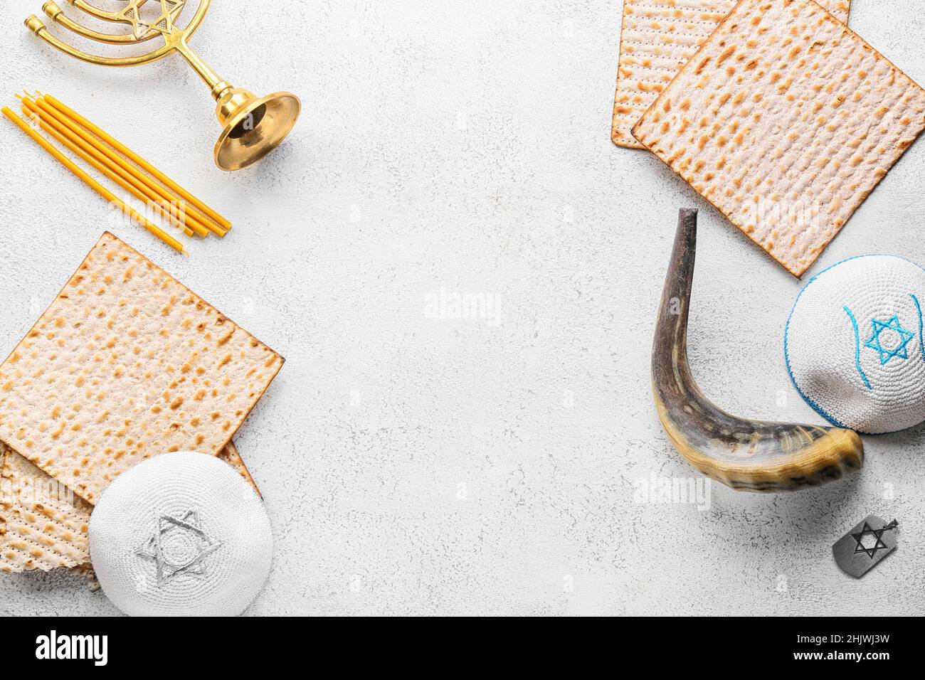 Composition with symbols of Judaism on light background Stock Photo - Alamy