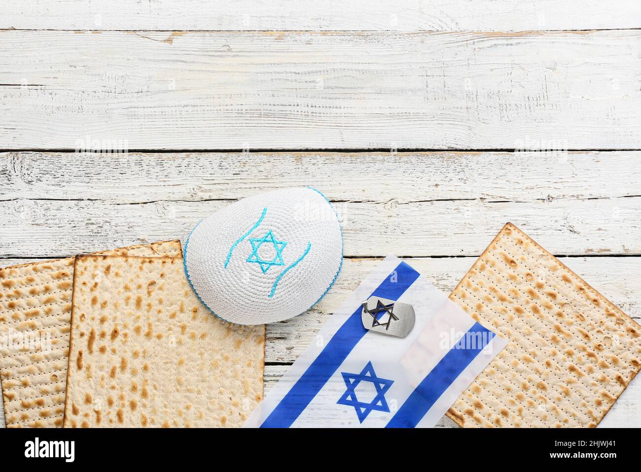 Composition with symbols of Judaism on light wooden background Stock ...