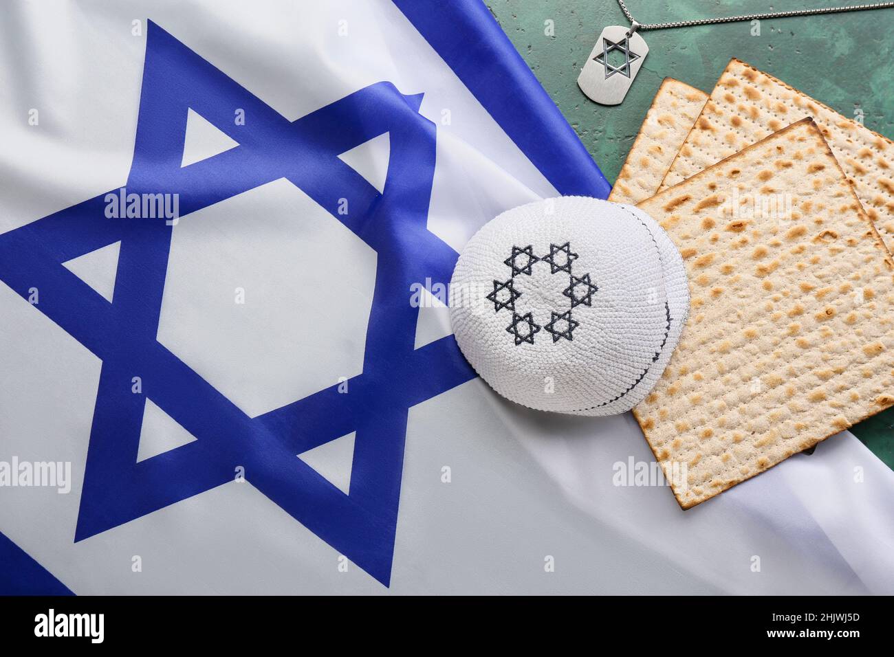 Composition with symbols of Judaism on color background Stock Photo - Alamy