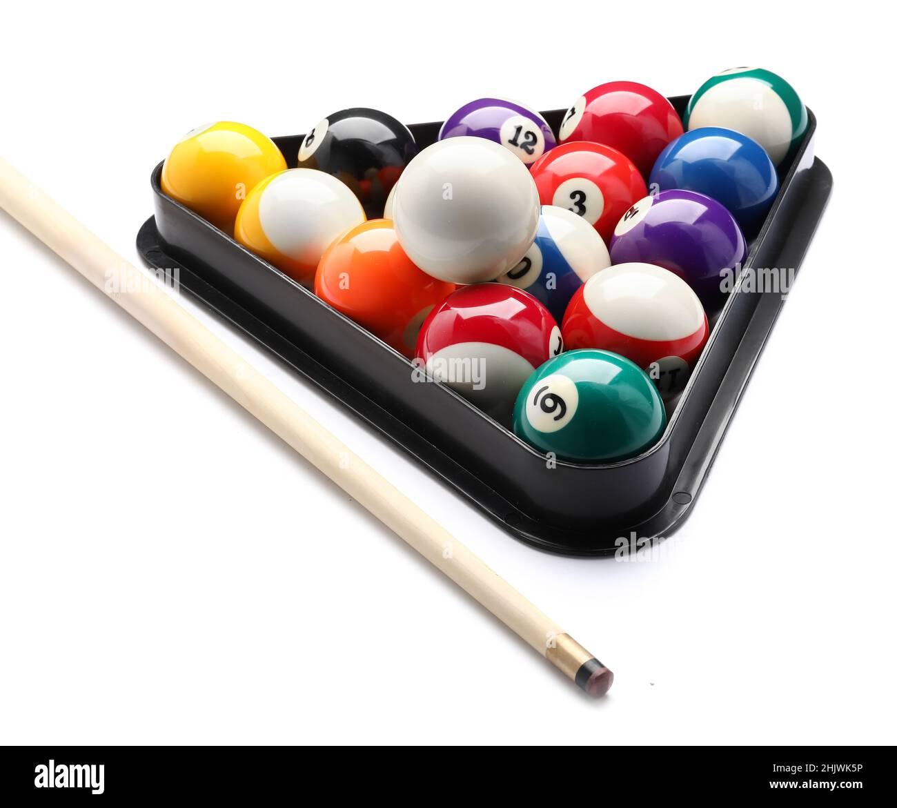 Billiard balls in triangle and cue on white background Stock Photo - Alamy