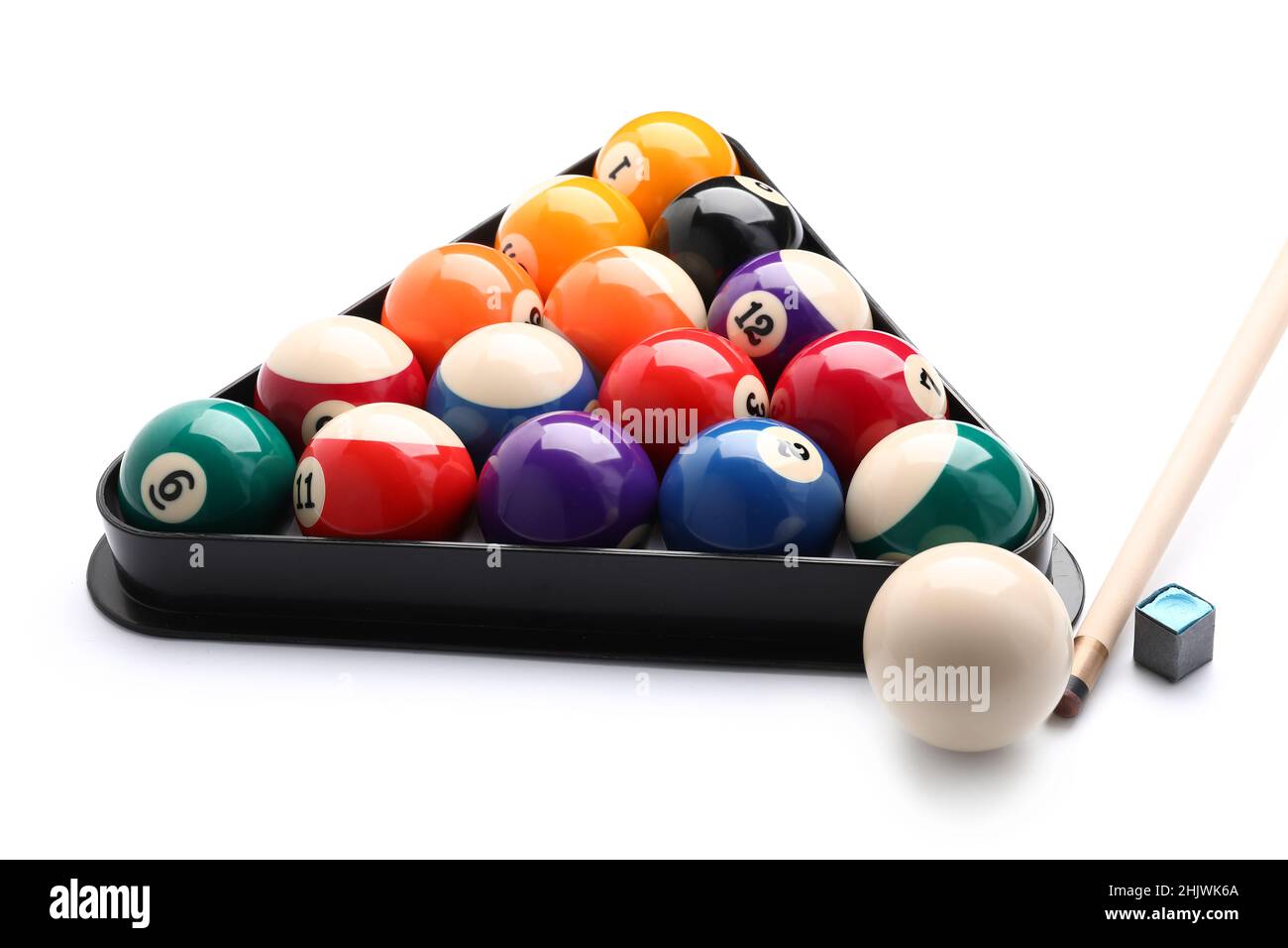 Billiard balls in triangle and cue on white background Stock Photo - Alamy