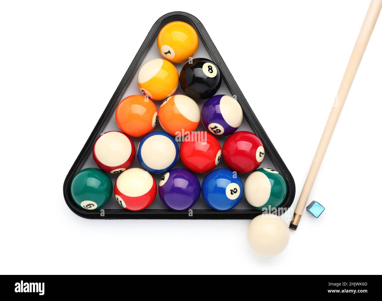 Billiard balls in triangle and cue on white background Stock Photo - Alamy