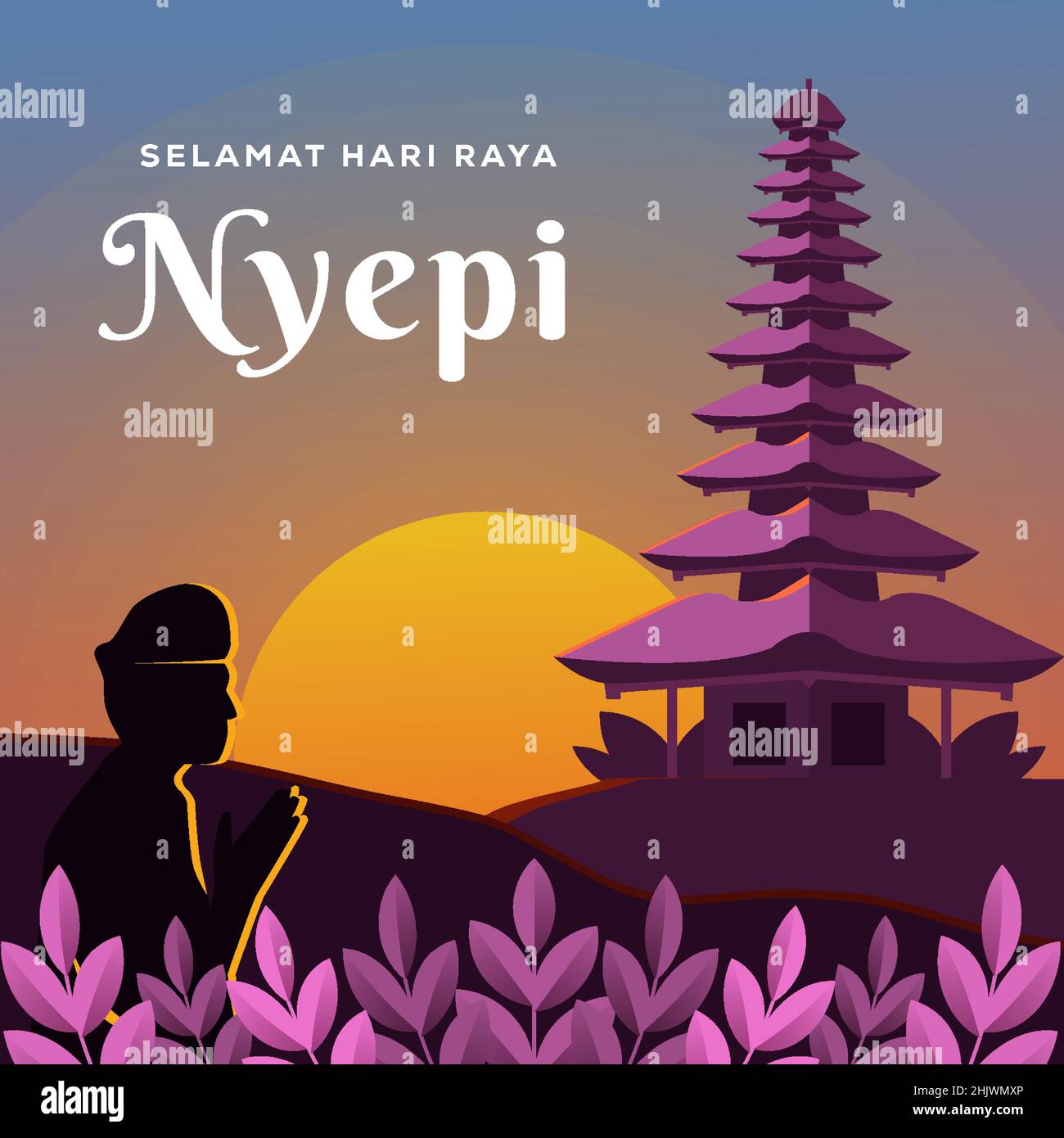 Nyepi illustration greeting. bali's day of silence with praying person ...