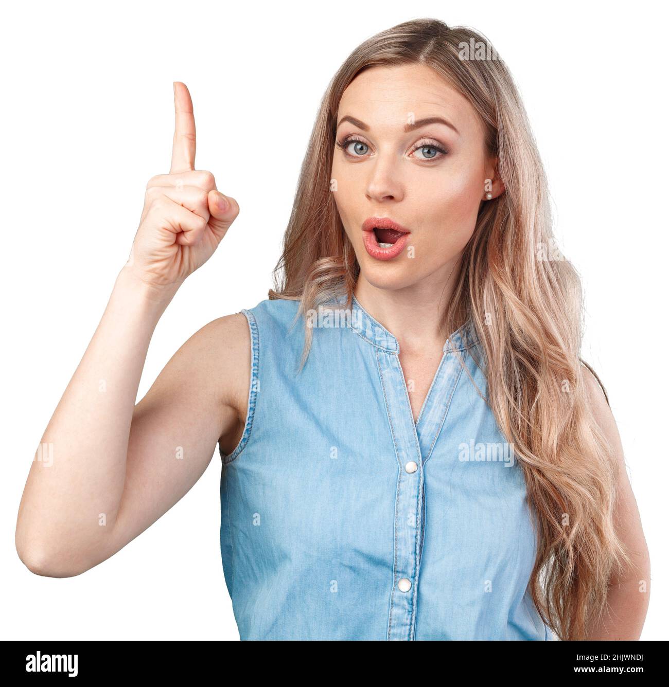 Young woman pointing at your product isolated on white background Stock ...