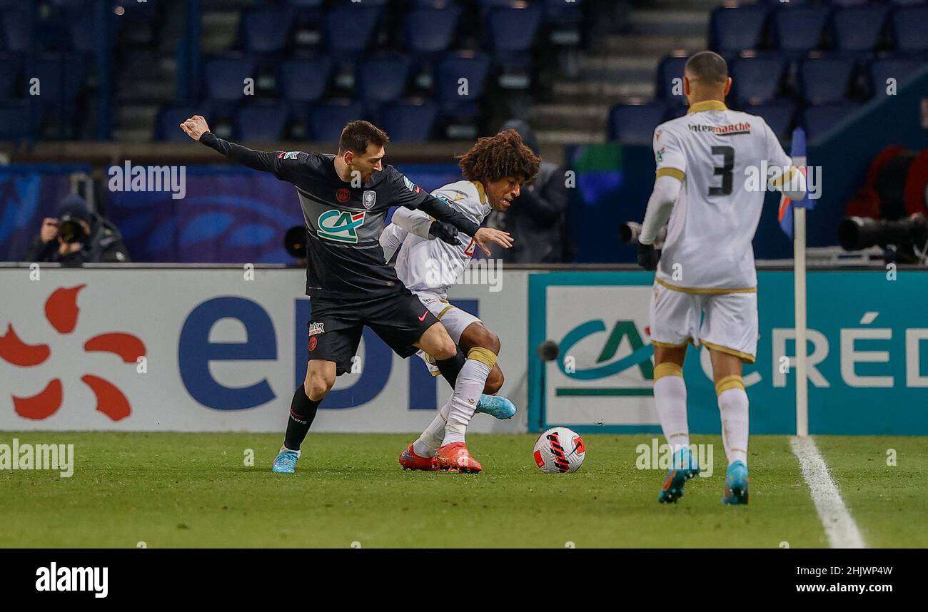 Lionel MESSI of PSG and DANTE of OGC NICE in action during French Cup ...