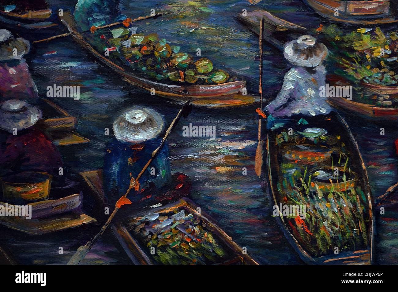 Hand drawn Art painting Oil color Floating market , rural life , rural ...