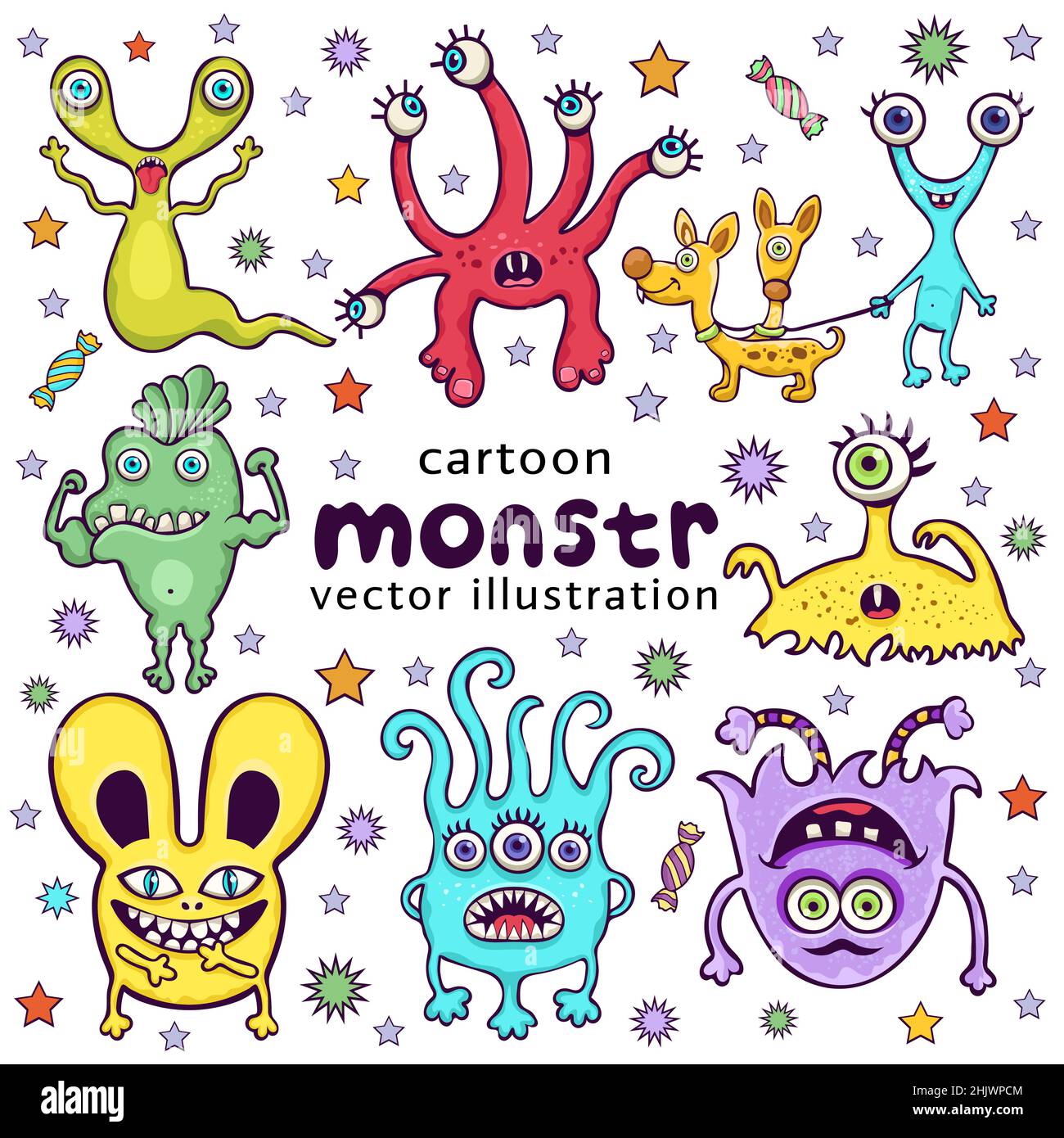 Set Of Cute Monsters Funny Cartoon Character Hand Drawing Collection